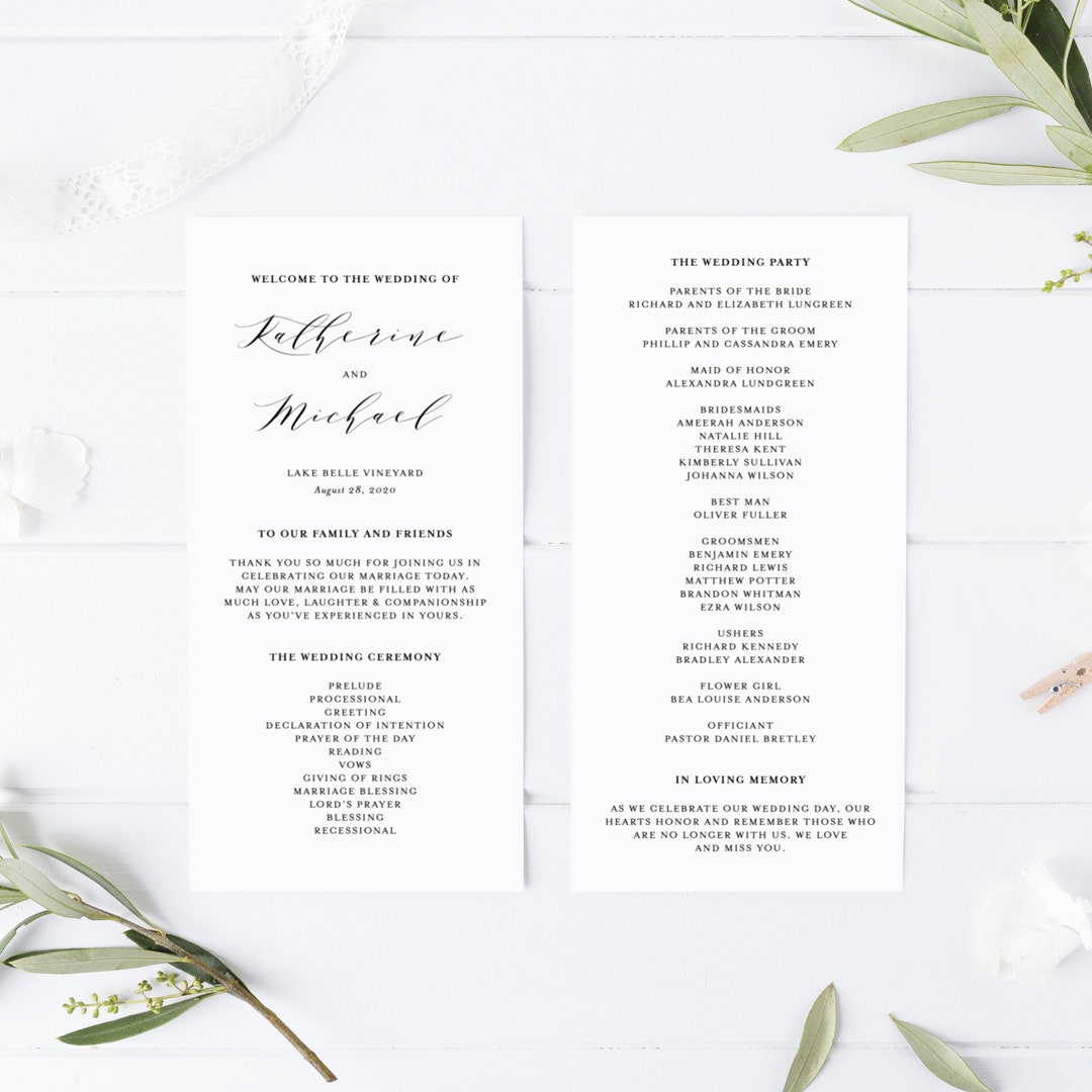 Printable Wedding Programs - 4x8 Elegant Dainty Script Ceremony ...