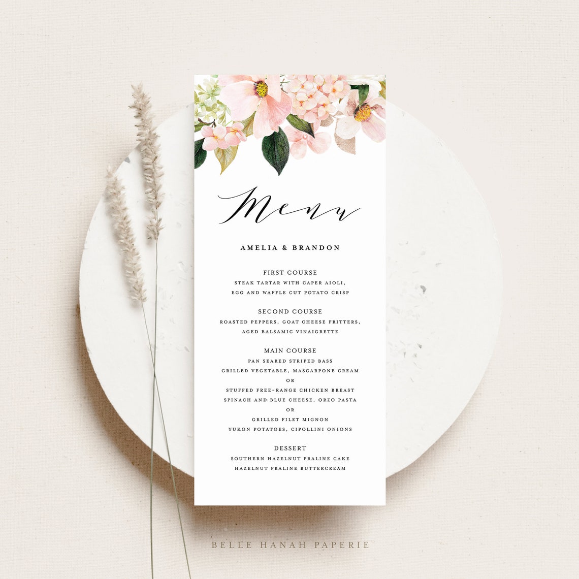 Printable Blush Pink Floral Wedding Menu Card Template 4x9 - Etsy