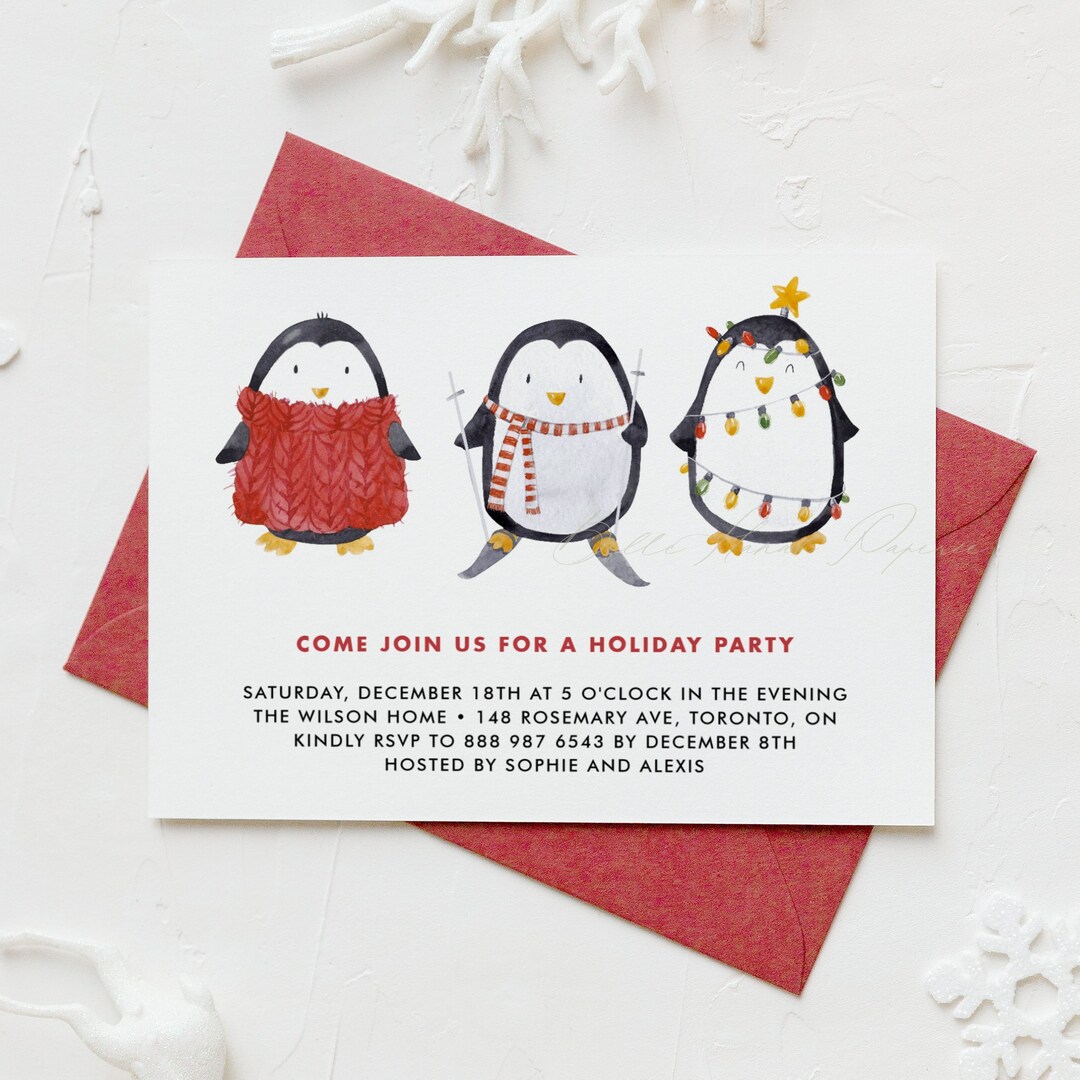 Printable Cute Penguins Party Invitation Template - Festive Watercolor ...