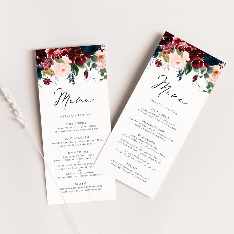 Printable Rustic Flowers Menu Card Template DIY Boho Dark - Etsy