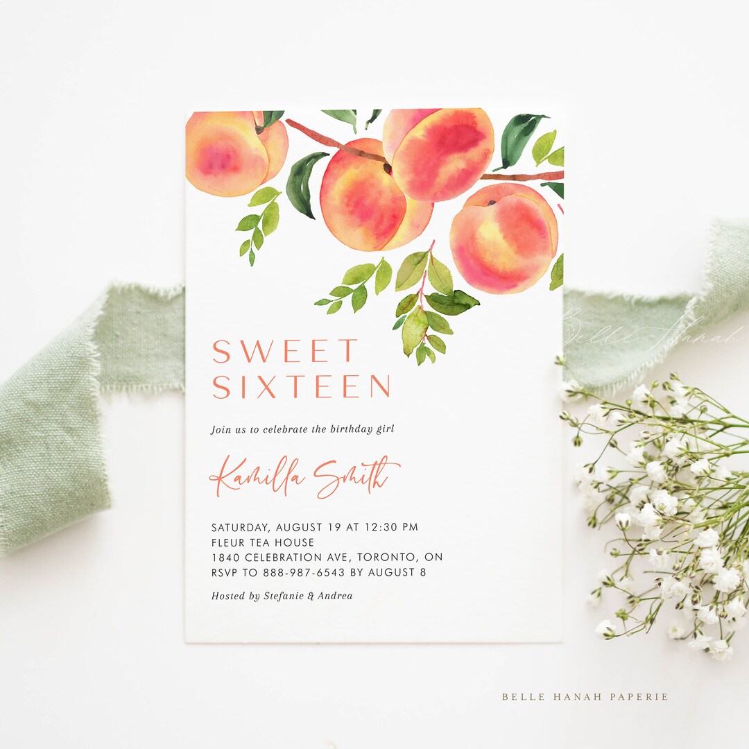 Printable Peaches Birthday Party Invitation Template - DIY Watercolor ...
