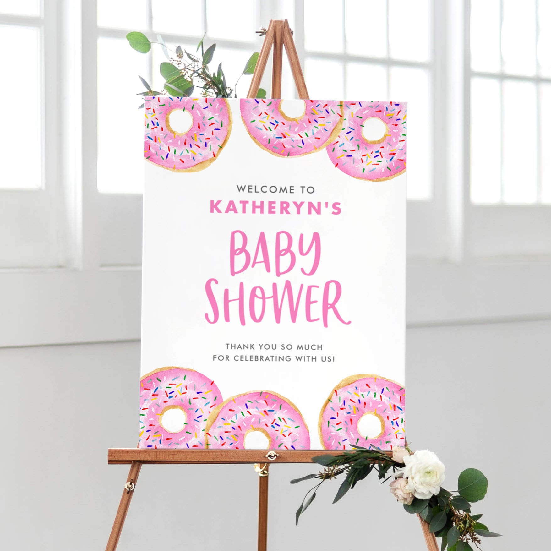 Pink Donuts Birthday Party Welcome Sign Template - Printable Watercolor ...