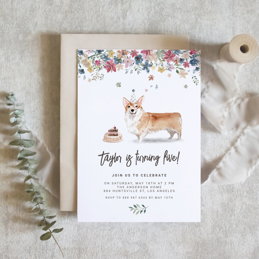 Printable Corgi Birthday Party Invitation Template - DIY Watercolor ...