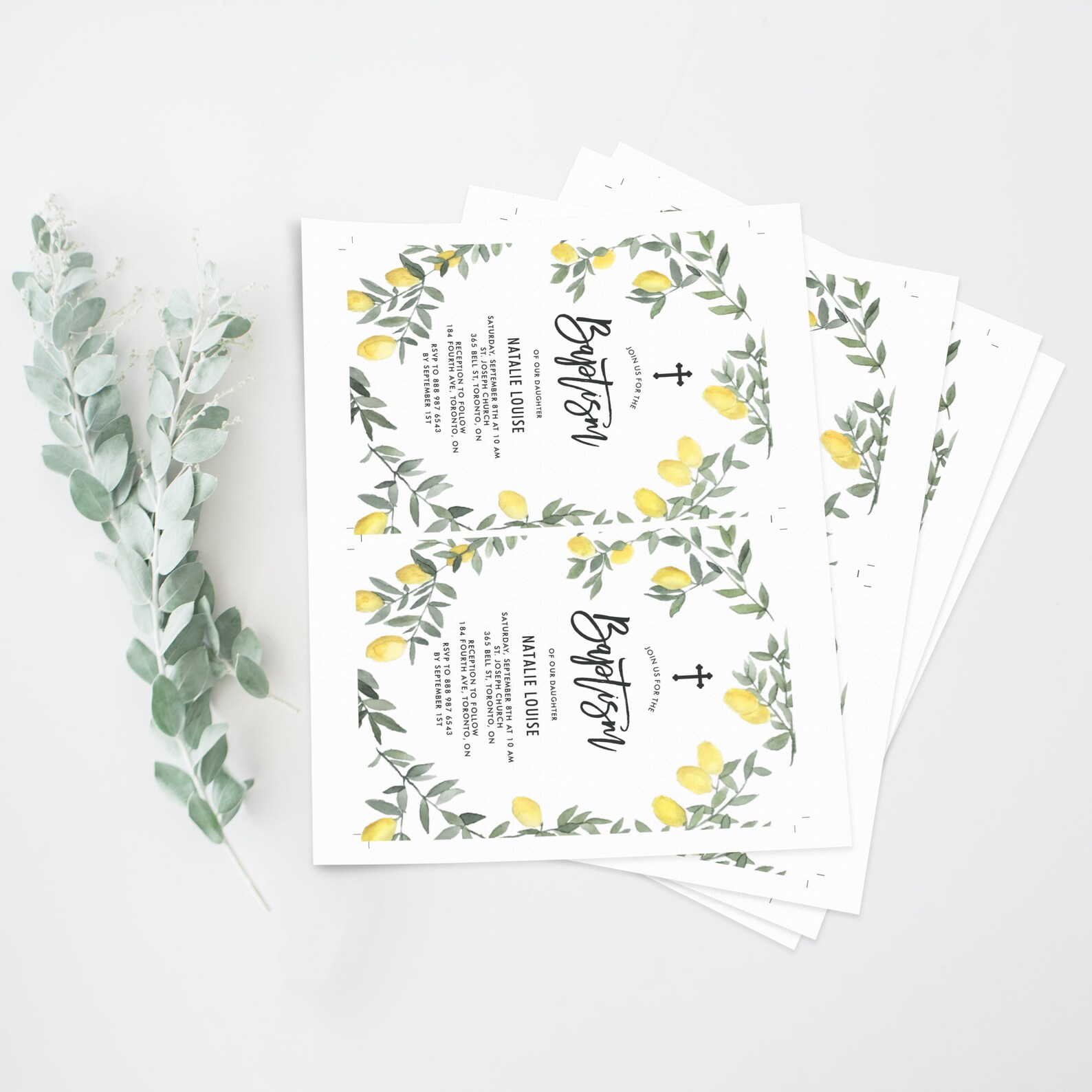 Boho Lemon Wreath Baptism Invitation Template Printable 5x7 | Etsy