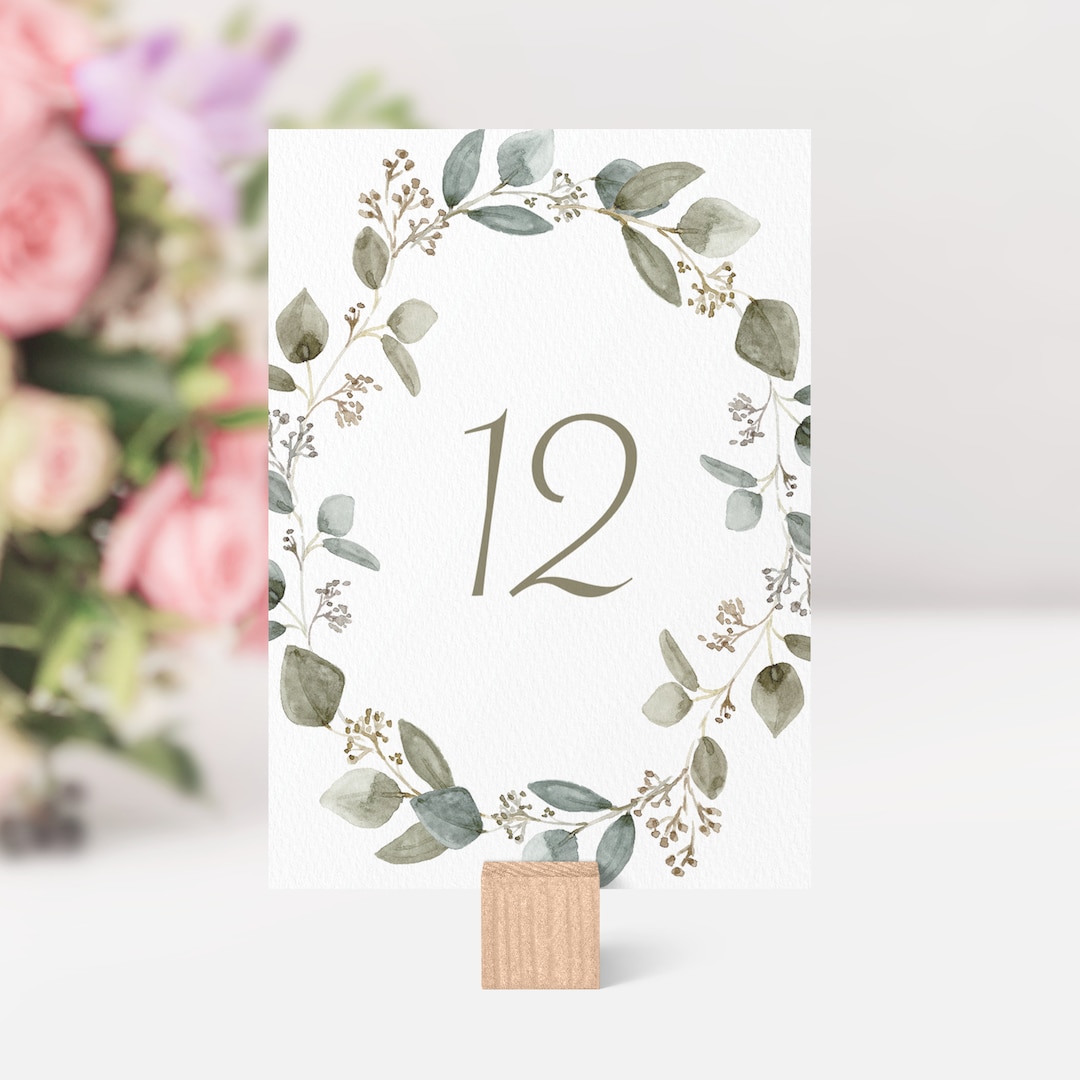 Eucalyptus Table Numbers Card - Printable Vintage Watercolor Seeded ...