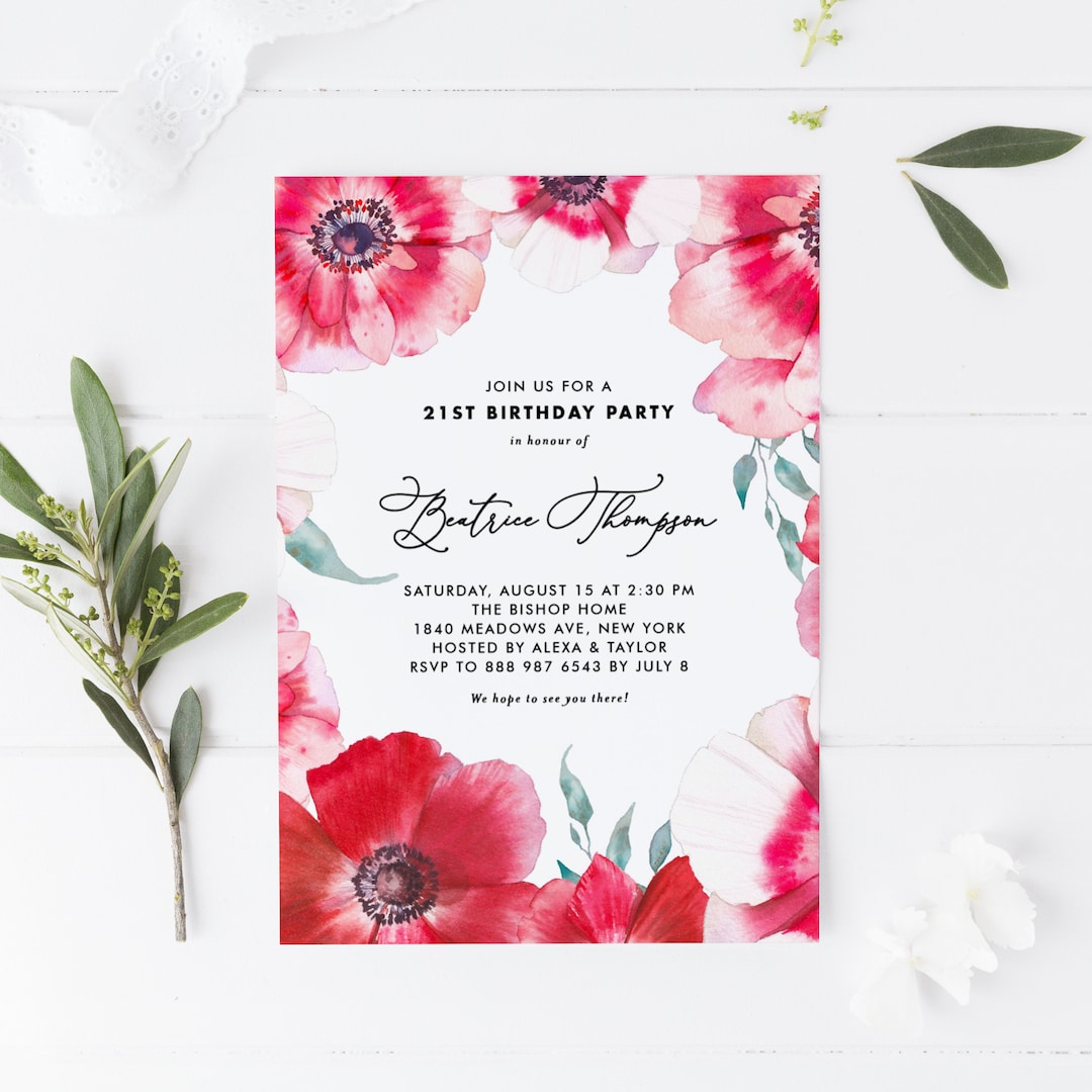Printable Poppy Birthday Party Invitation Template - DIY Watercolor Red ...