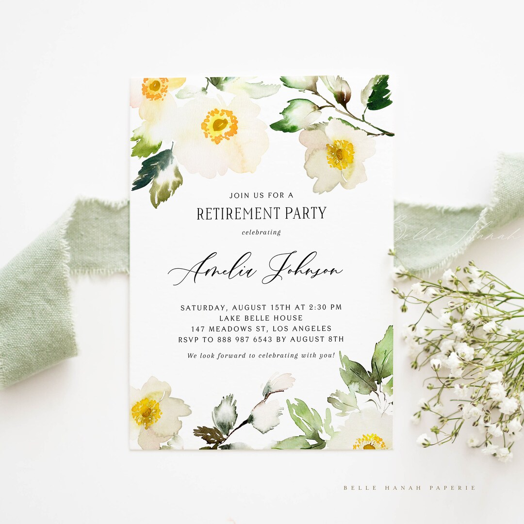 Printable Yellow Floral Retirement Party Invitation Template - DIY ...