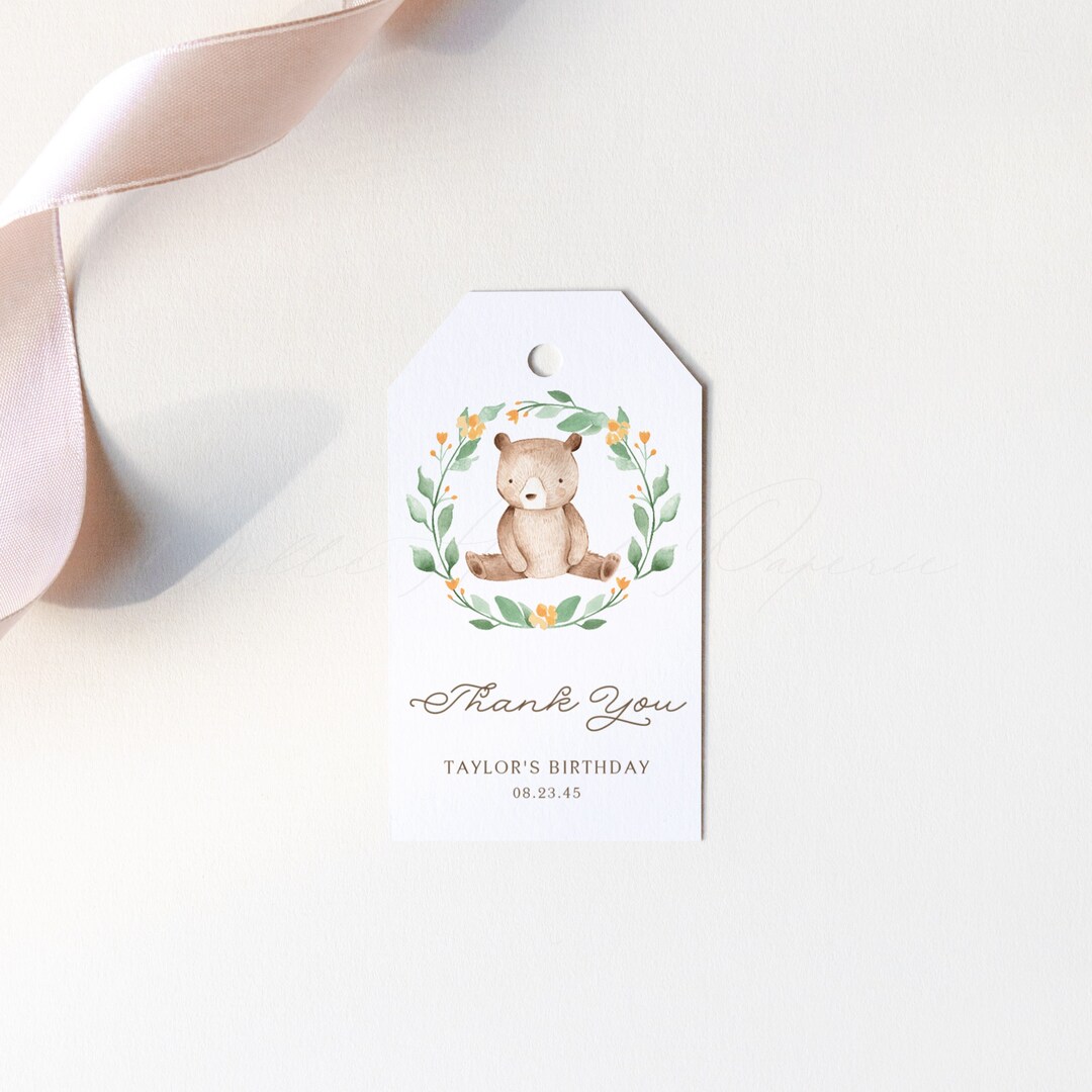 Printable Bear Thank You Gift Tag Template - Editable Watercolor Bear ...