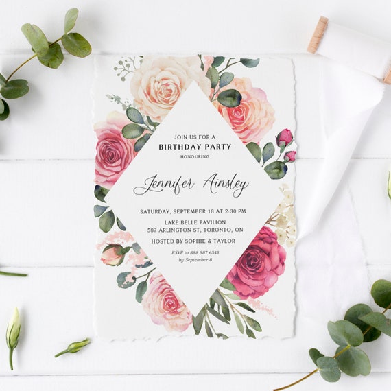 Vintage Roses Birthday Party Invitation Template Printable | Etsy