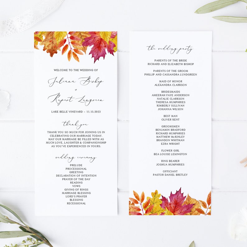 Fall Wedding Programs Template Printable Watercolor Falling | Etsy