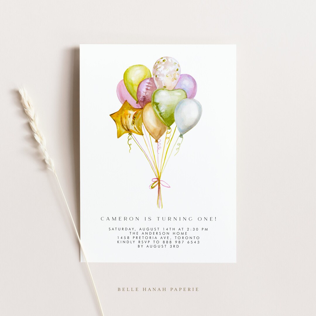 Printable Watercolor Balloons Birthday Invitation Template - DIY Modern ...