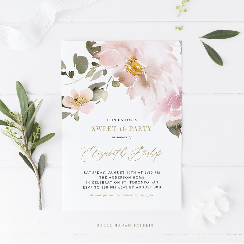 Printable Blush Floral Birthday Party Invitation Template | Etsy
