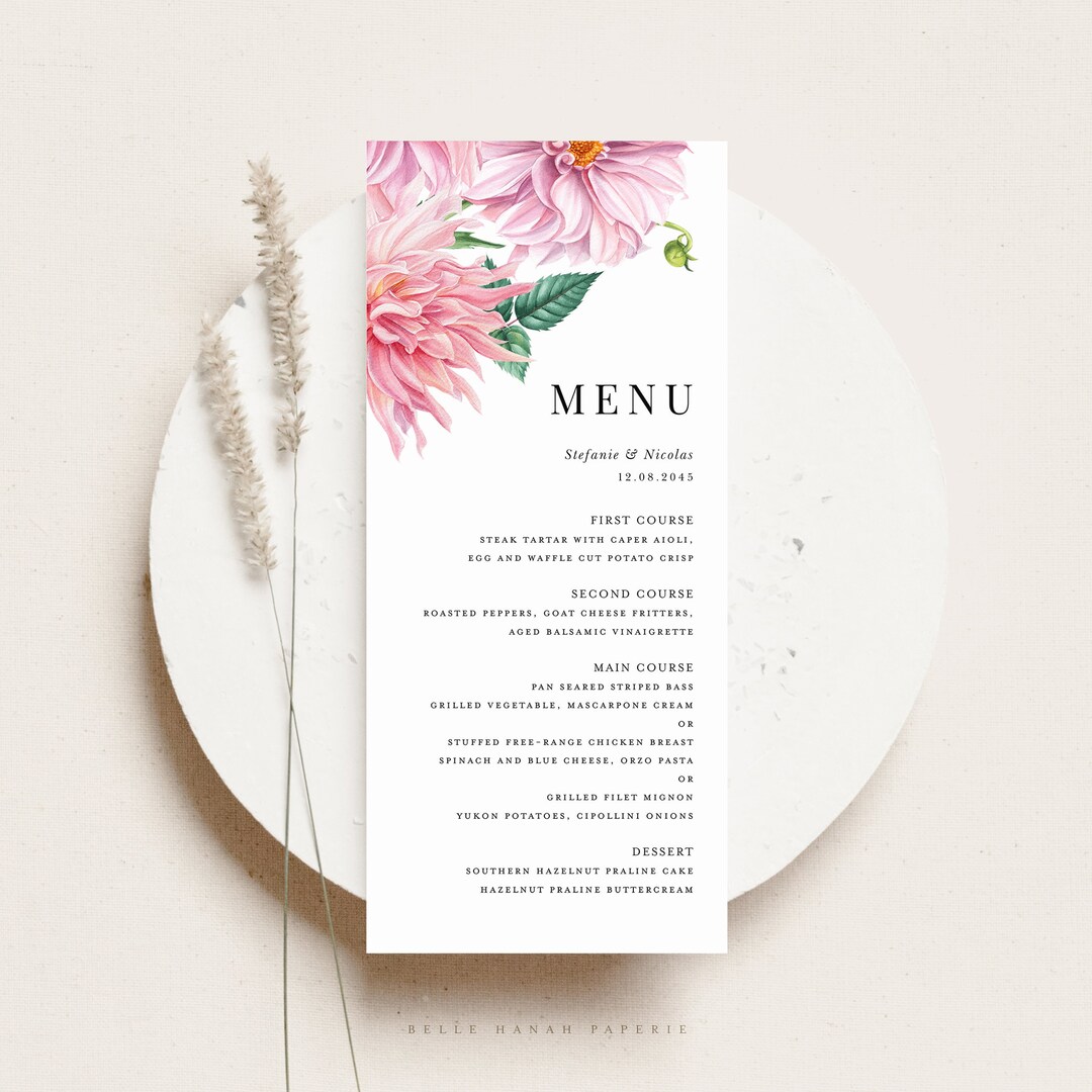 Printable Pink Dahlia Floral Wedding Menu Card Template - 4x9 ...