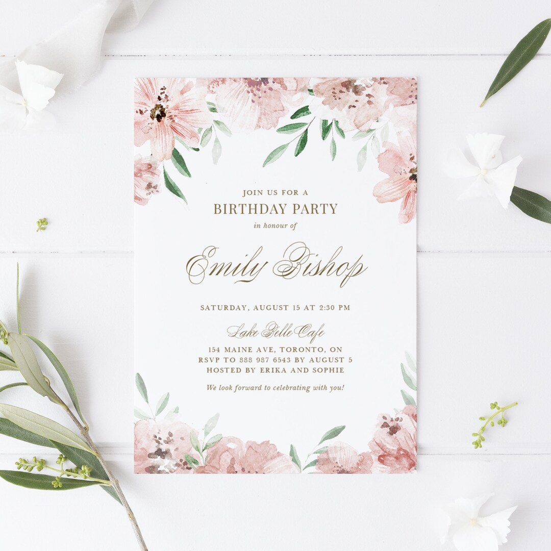 Printable Blush Pink Floral Birthday Party Invitation Template - DIY ...