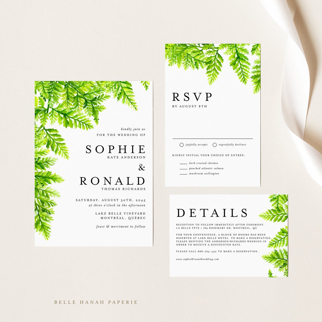 Printable Ferns Wedding Invitation Set Template - Watercolor Greenery ...