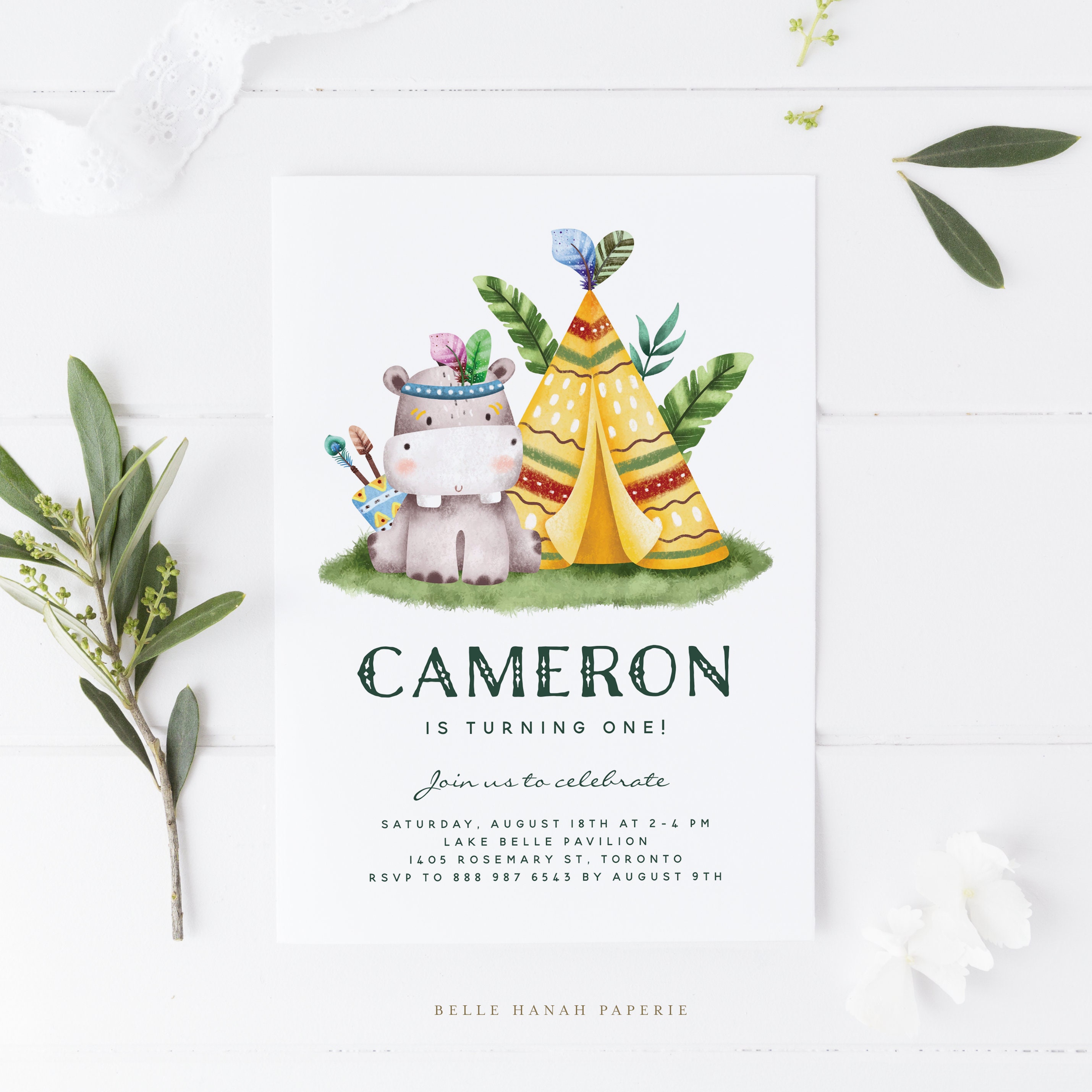 Printable Hippo Birthday Party Invitation Tempate - Watercolor ...