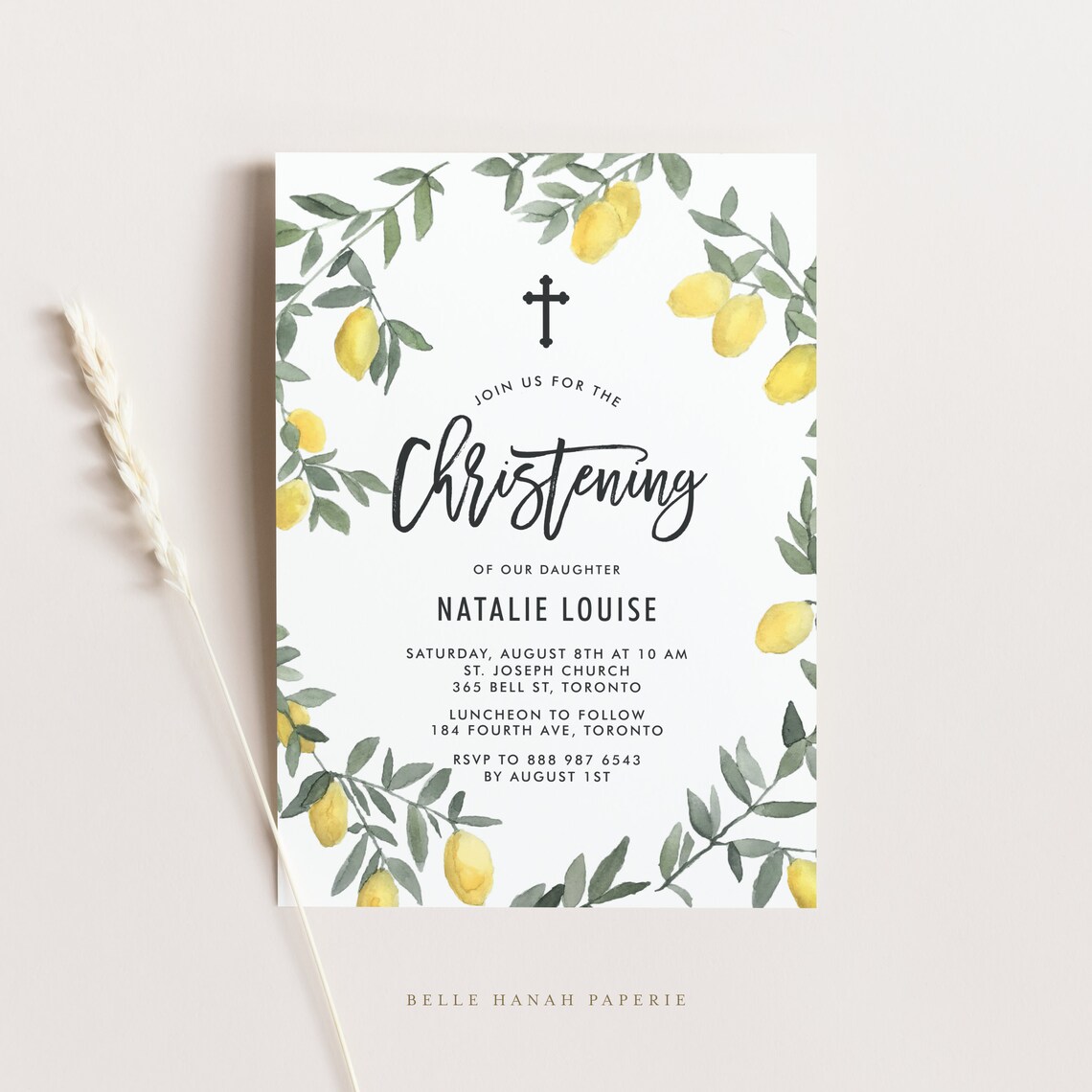 Boho Lemon Wreath Baptism Invitation Template Printable 5x7 - Etsy