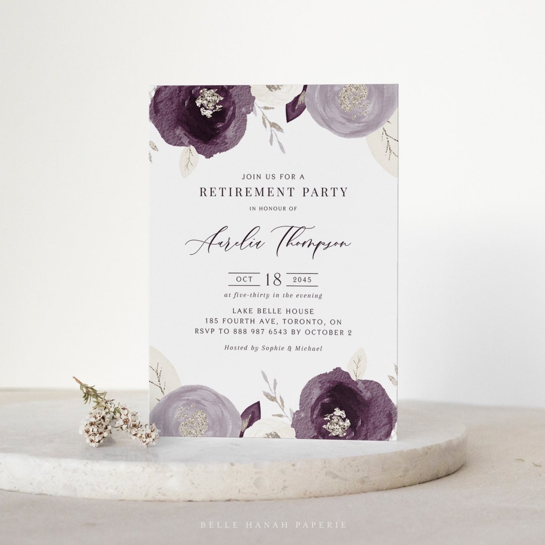 Printable Purple Retirement Party Invitation Template - Watercolor ...