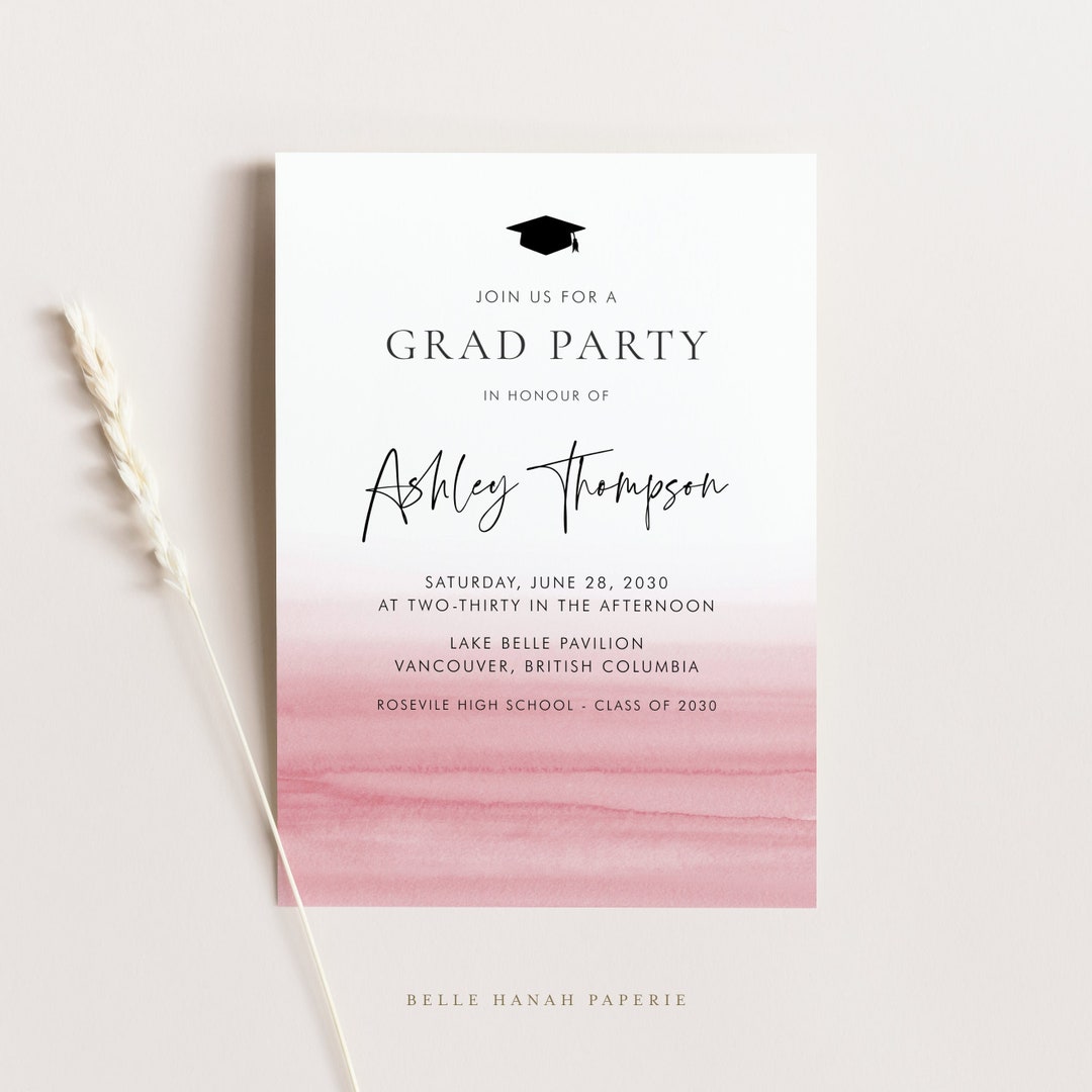 Printable Pink Ombre Graduation Invitation Template - Modern Watercolor ...