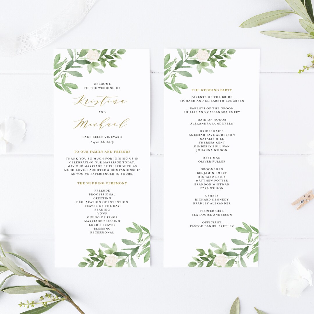 Printable Greenery Wedding Programs Template - 4x9 Watercolor Greenery ...