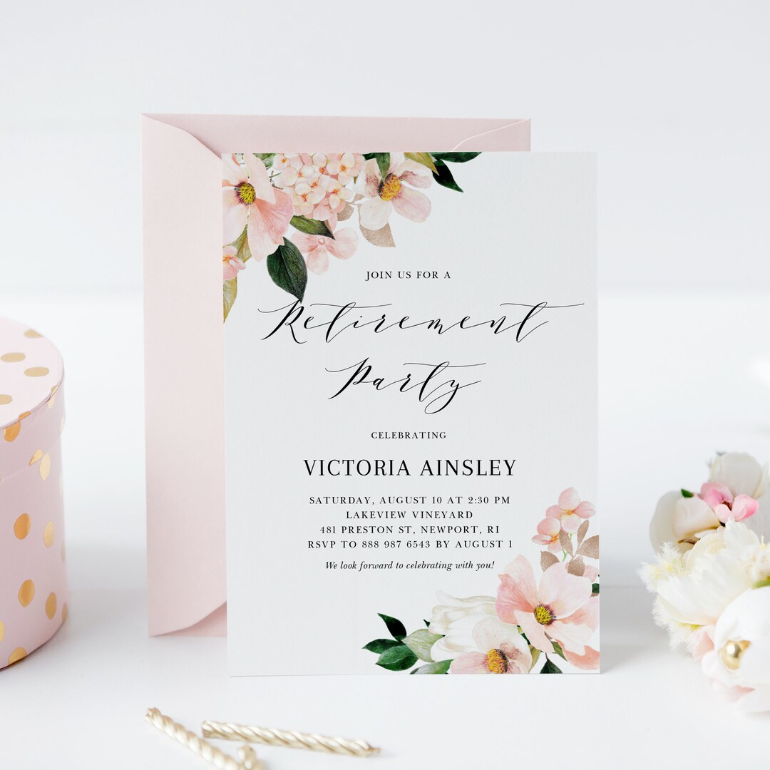 Printable Blush Floral Retirement Party Invitation Template - Pink ...