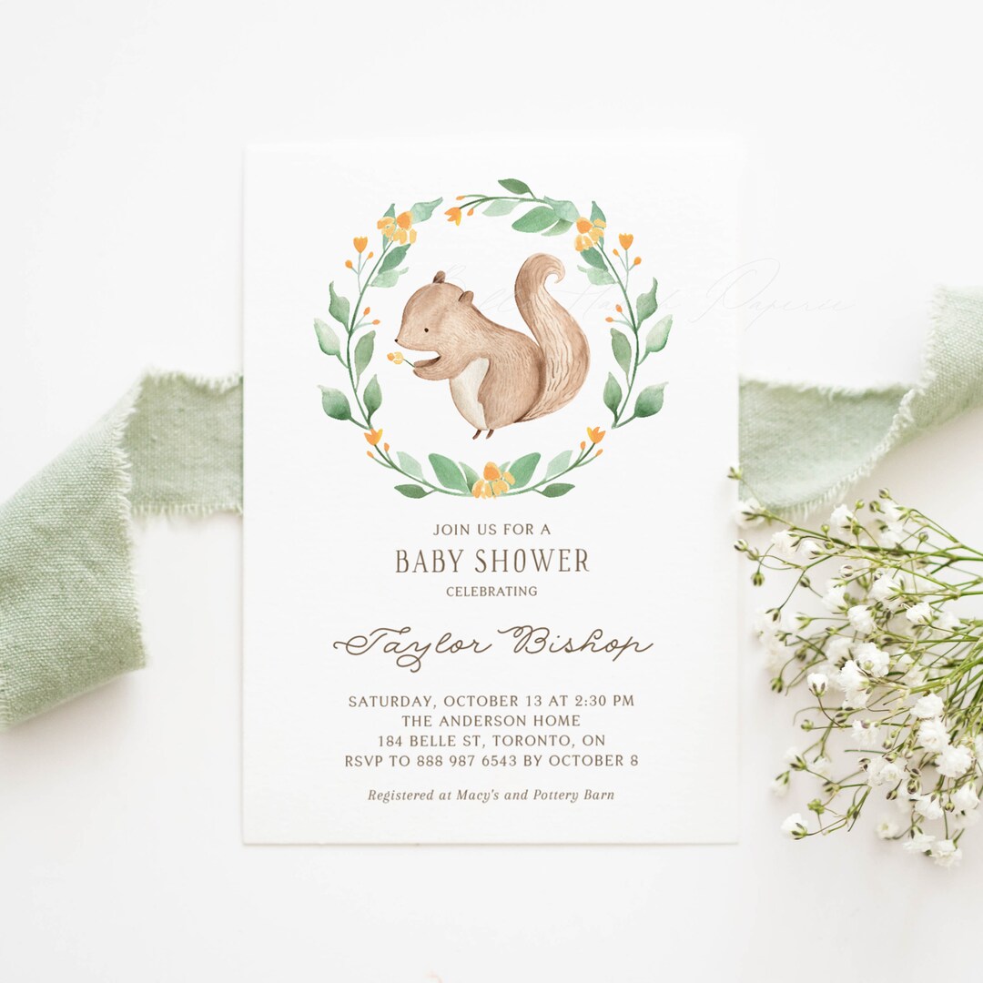 Printable Watercolor Squirrel Baby Shower Invitation Template ...