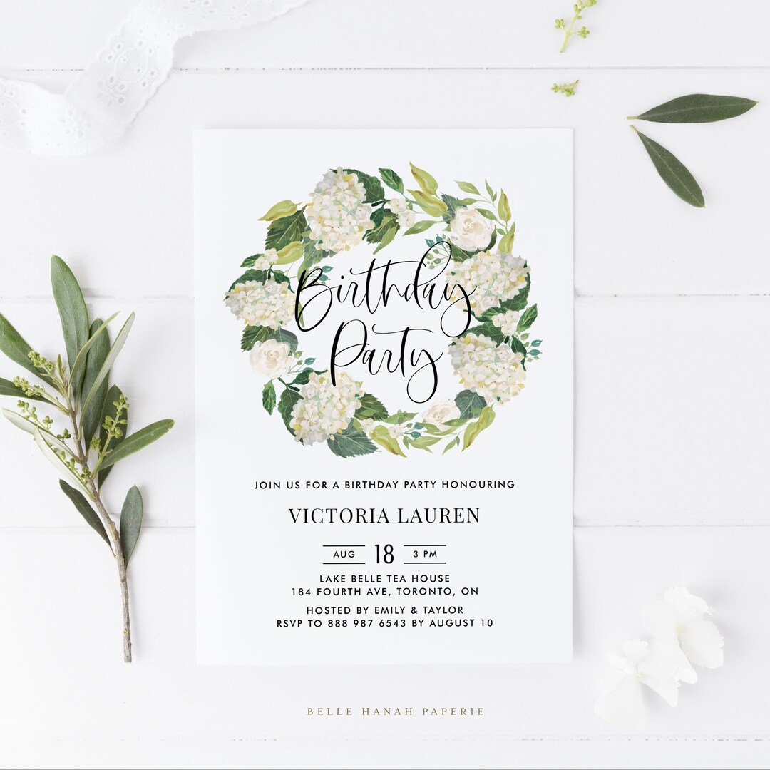 Printable Hydrangea Birthday Party Invitation Template - DIY White ...