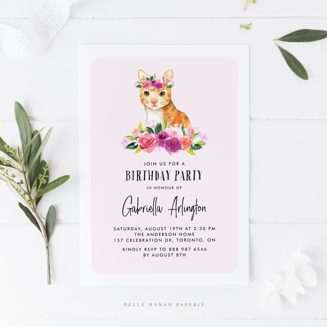 Printable Cat Birthday Party Invitation Template - DIY Watercolor ...