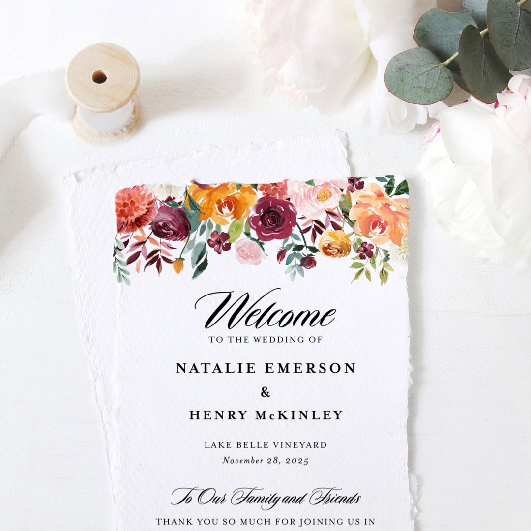 Printable Fall Wedding Programs Template - 4x9 Watercolor Autumn Blooms ...
