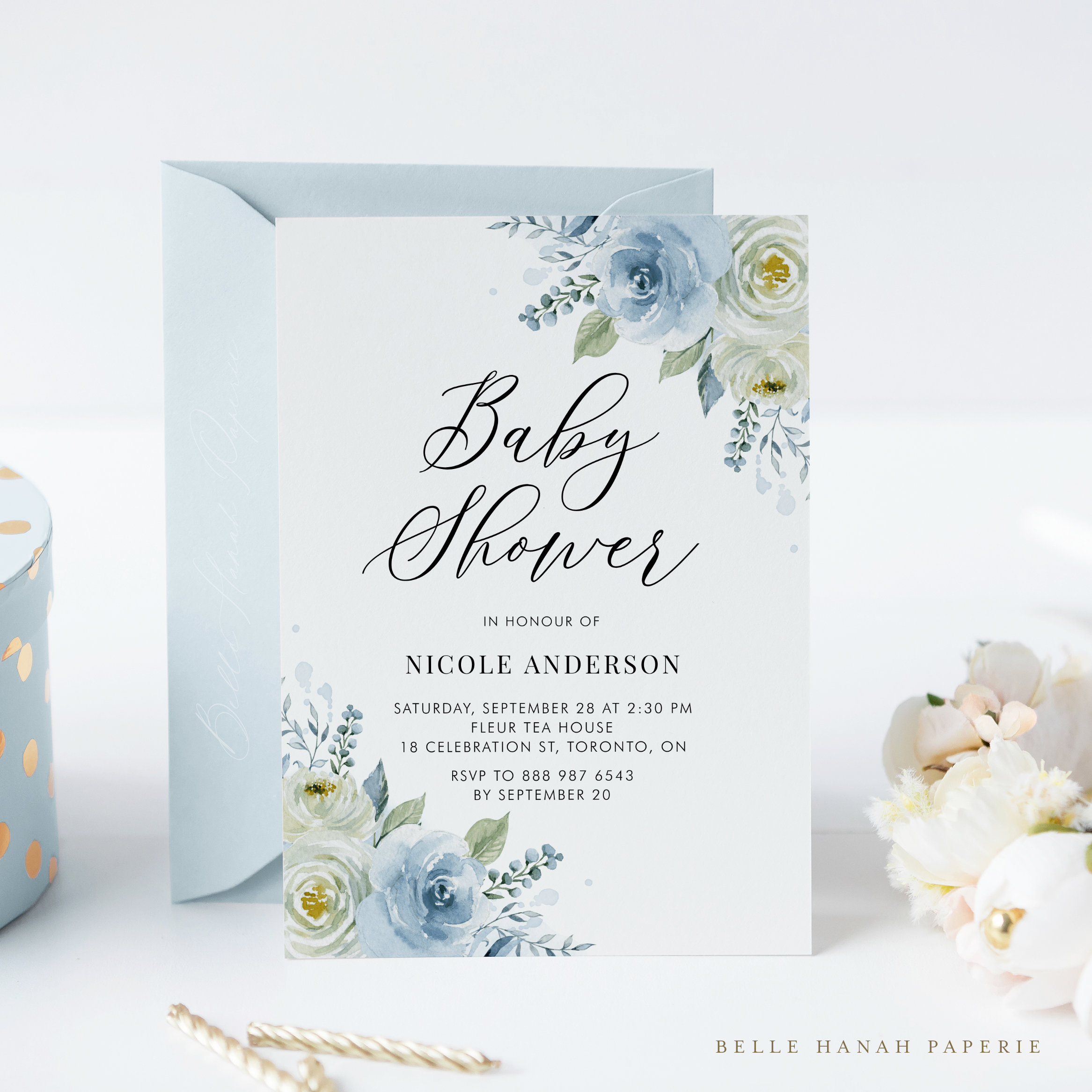 Printable Blue Floral Baby Shower Invitation Template | Etsy