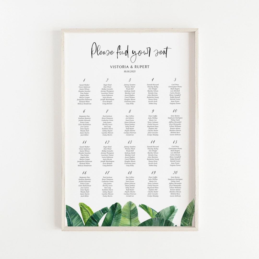 Printable Tropical Wedding Seating Chart Template - 24x36 Watercolor ...