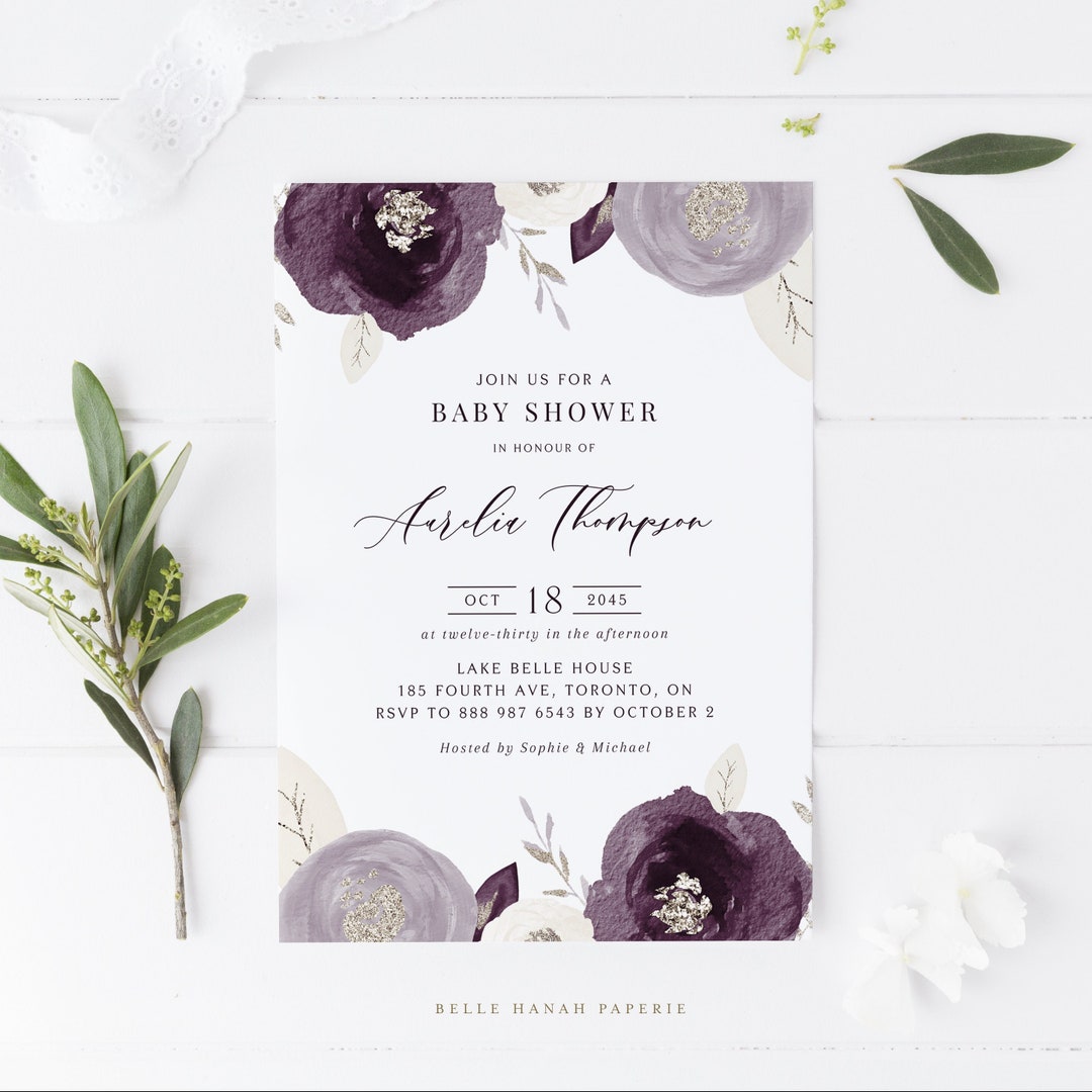 Printable Purple Baby Shower Invitation Template - Purple Flowers Silver Foil Gender Neutral ...