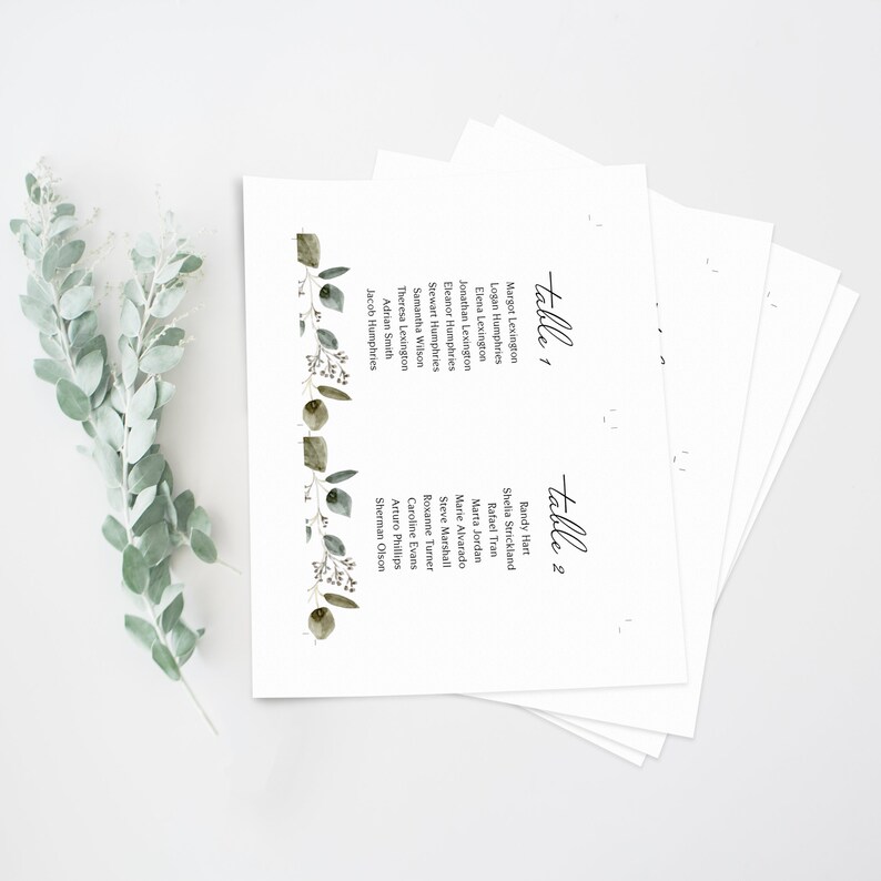 Eucalyptus Hanging Table Number Card Template Printable | Etsy