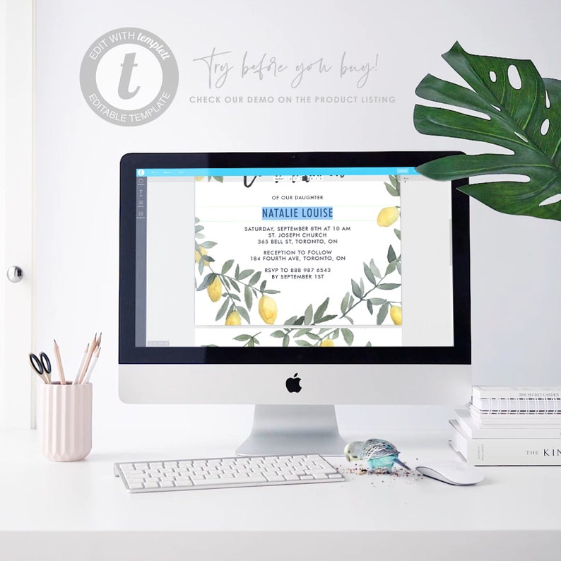 Boho Lemon Wreath Baptism Invitation Template Printable 5x7 | Etsy