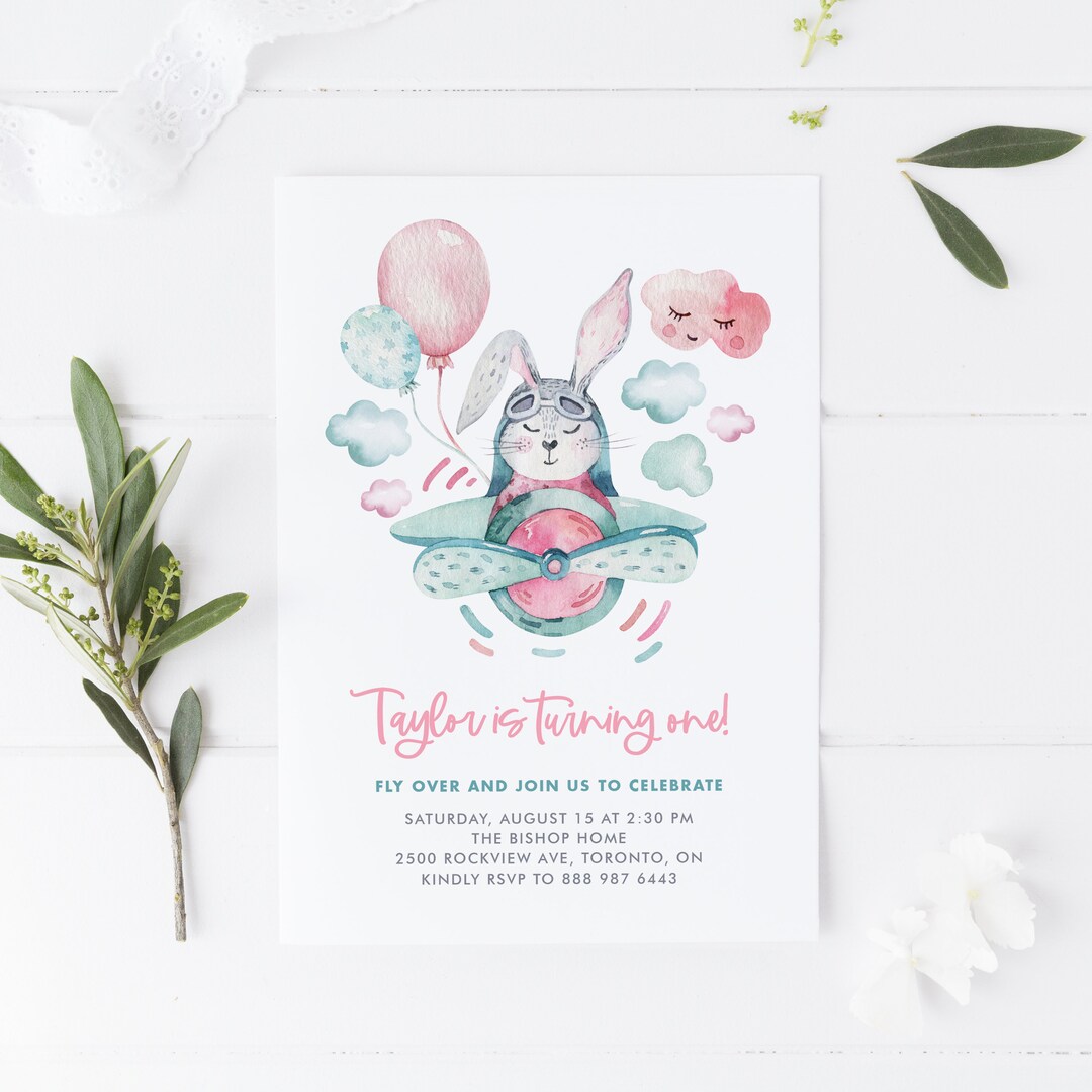 Printable Bunny Pilot Kids Birthday Party Invitation Template - Cute ...