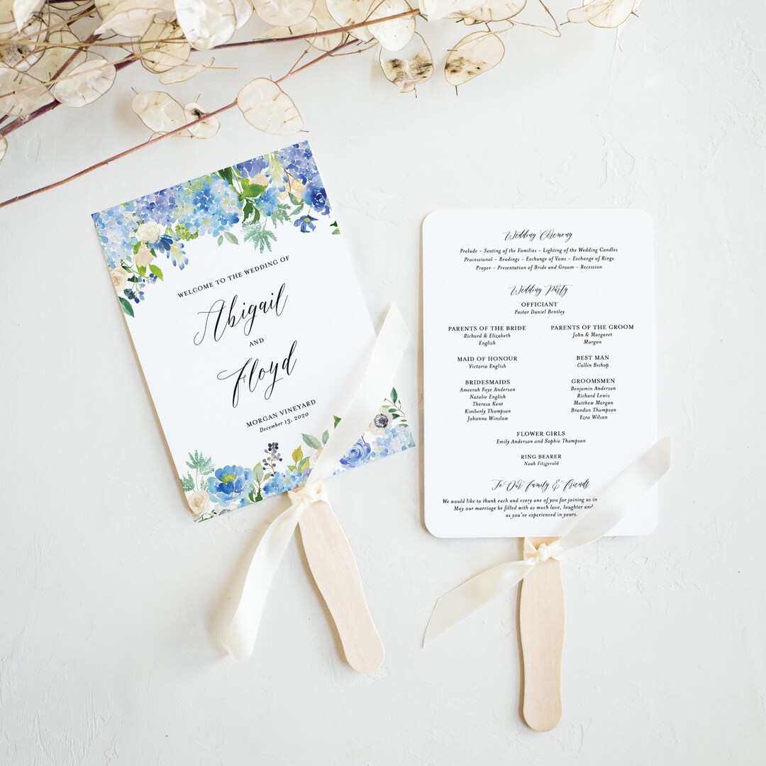 Printable Blue Floral Wedding Program Fans Template - DIY Watercolor Blue Hydrangeas & Ivory ...