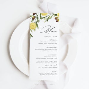 Printable Lemon Menu Card Template - DIY 4x9 Boho Watercolor Lemon and ...