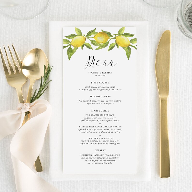 Printable Lemon Wedding Menu Card Template DIY 4x8 - Etsy