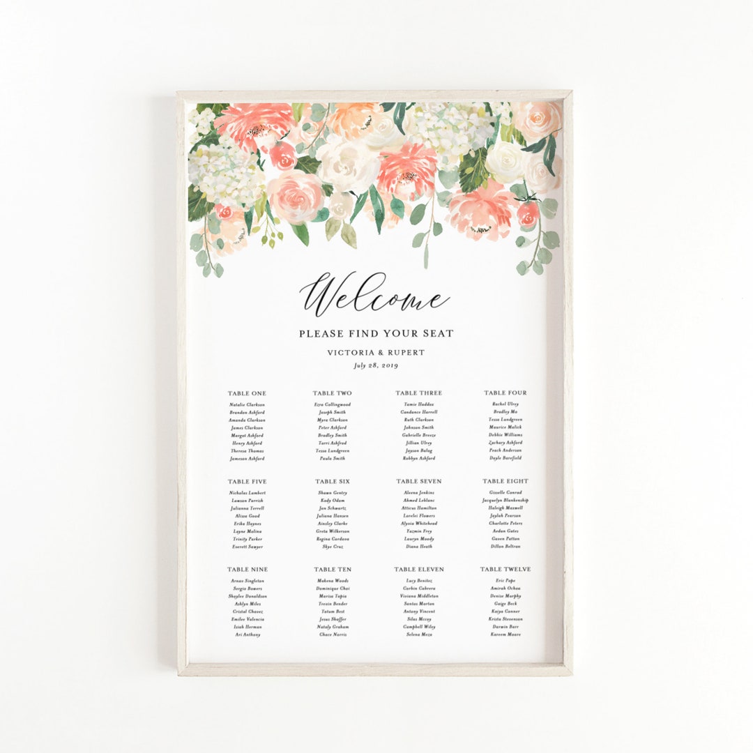 Printable Floral Wedding Seating Chart Template - 24x36 Watercolor ...