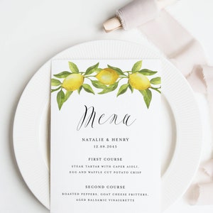 Printable Lemon Wedding Menu Card Template - DIY 4x9 Watercolor Lemon ...