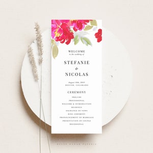 Printable Pink Floral Wedding Programs Template - 4x9 Hand Painted Hot ...