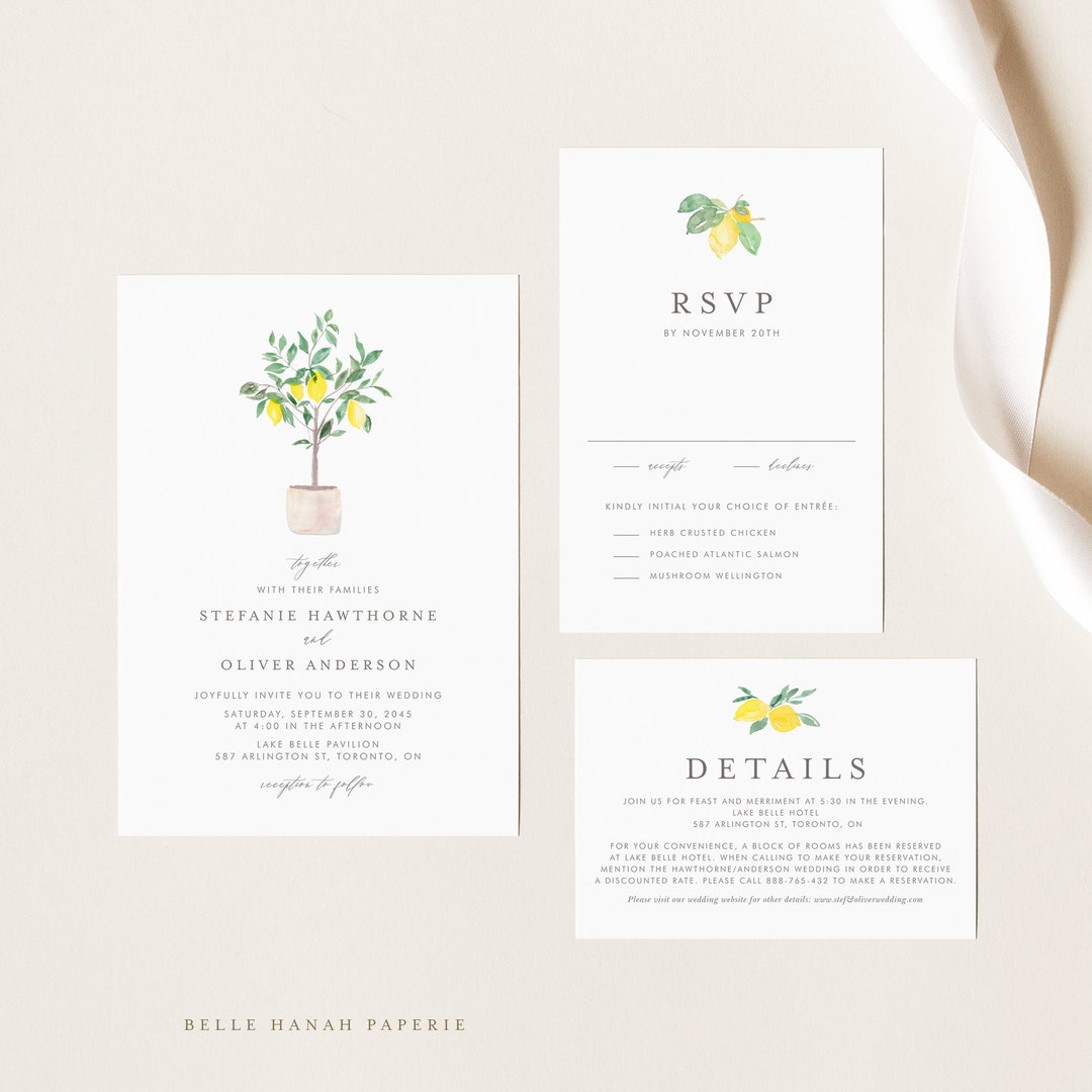 Printable Lemon Wedding Invitation Set Template - Watercolor Lemon Tree ...