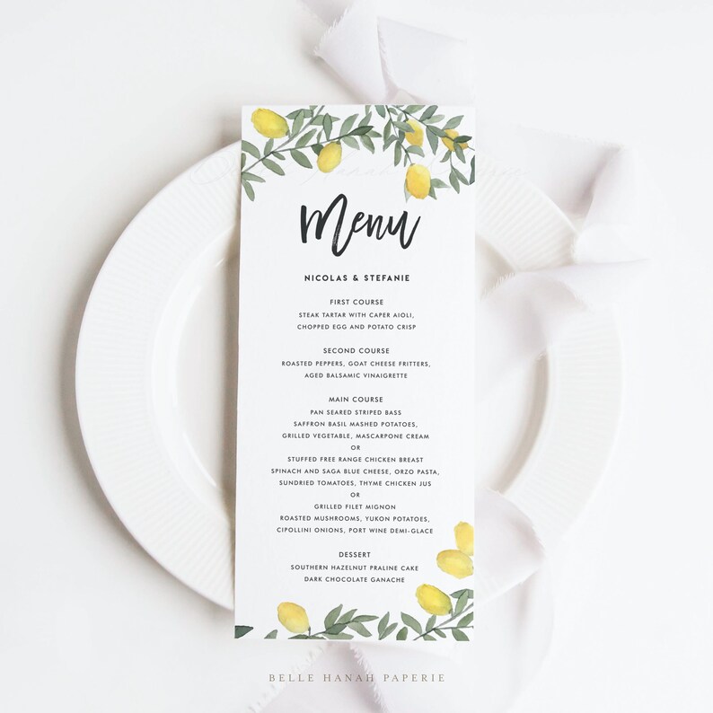 Printable Boho Lemon Menu Card Template DIY 4x9 Rustic - Etsy