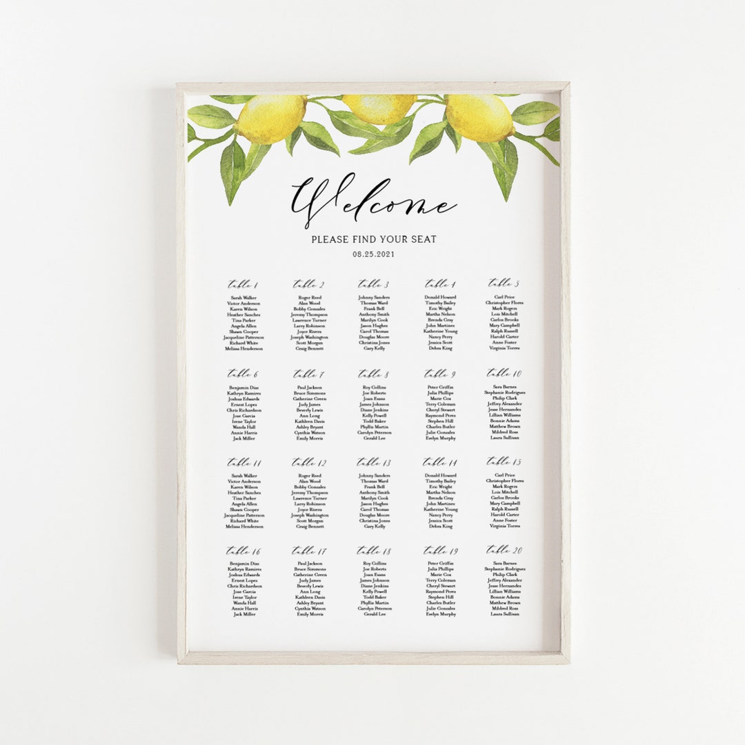 Printable Lemon Wedding Seating Chart Template - 24x36 Watercolor Lemon ...