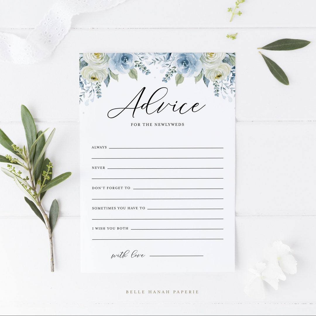 Printable Wedding Advice Card, Watercolor Blue & Ivory Roses Advice for ...