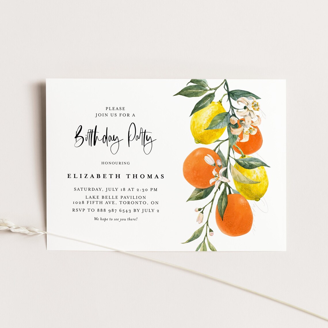 Botanical Citrus Birthday Party Invitation Template - Etsy