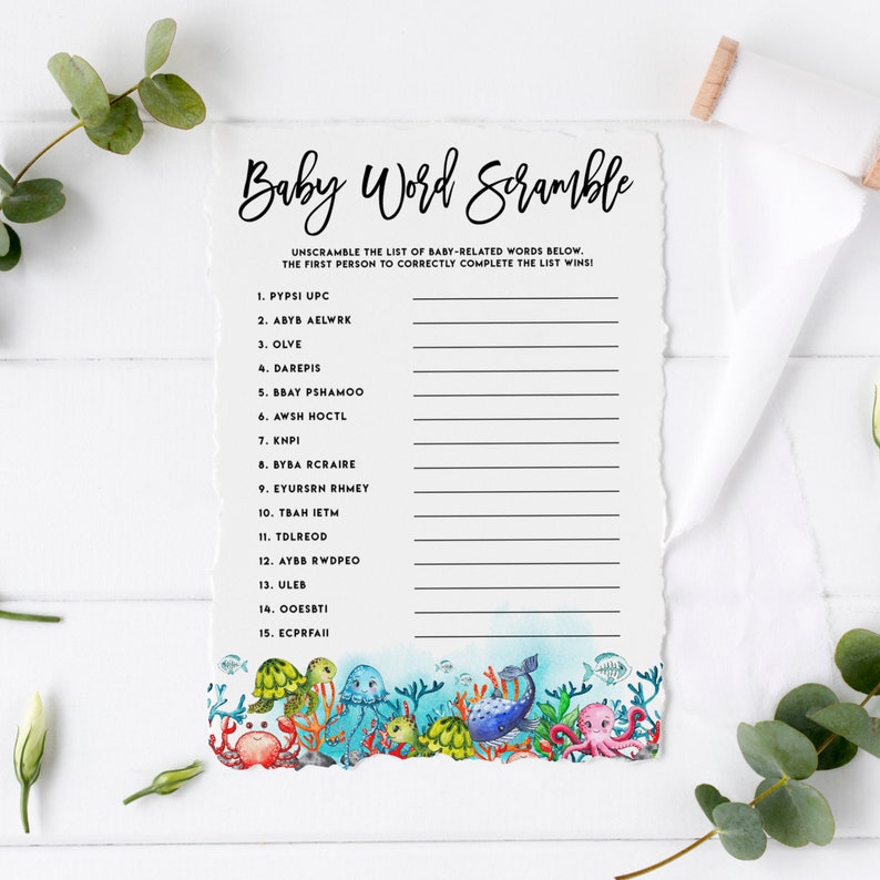 Under the Sea Baby Word Scramble Card - Printable Watercolor Turtle ...