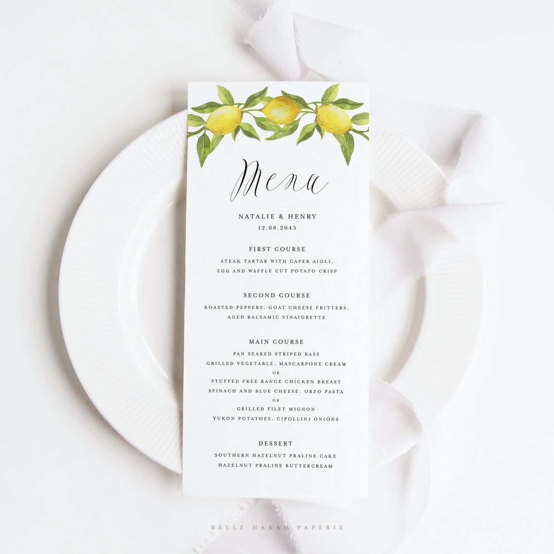 Printable Lemon Wedding Menu Card Template - DIY 4x9 Watercolor Lemon ...