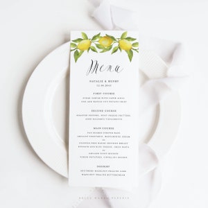 Printable Lemon Wedding Menu Card Template - DIY 4x9 Watercolor Lemon ...
