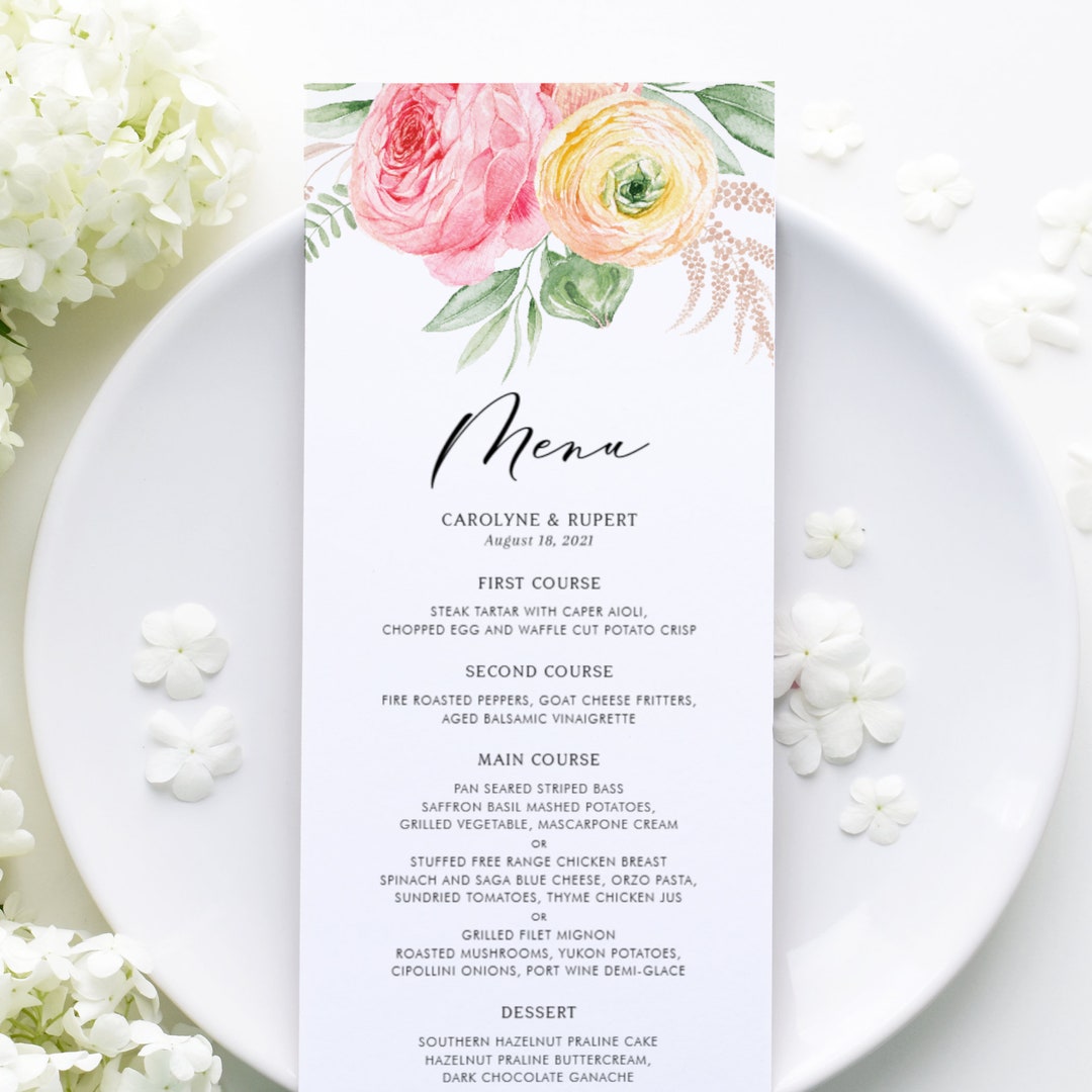 Printable Spring Floral Menu Card Template - 4x9 Watercolor Pink and ...